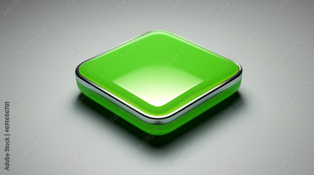Imagine a striking 3D realistic square button, prominently featuring a ...