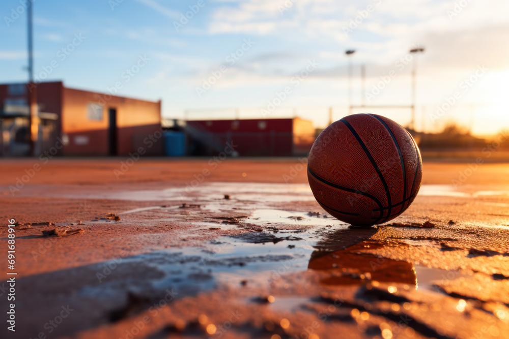 A deflated basketball next to an empty court, depicting the ...