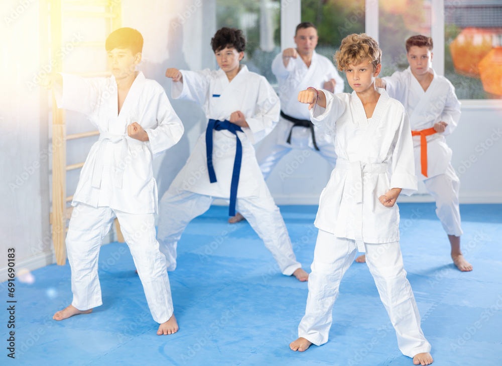 Focused teenage boy with group of karate practitioners wearing white ...