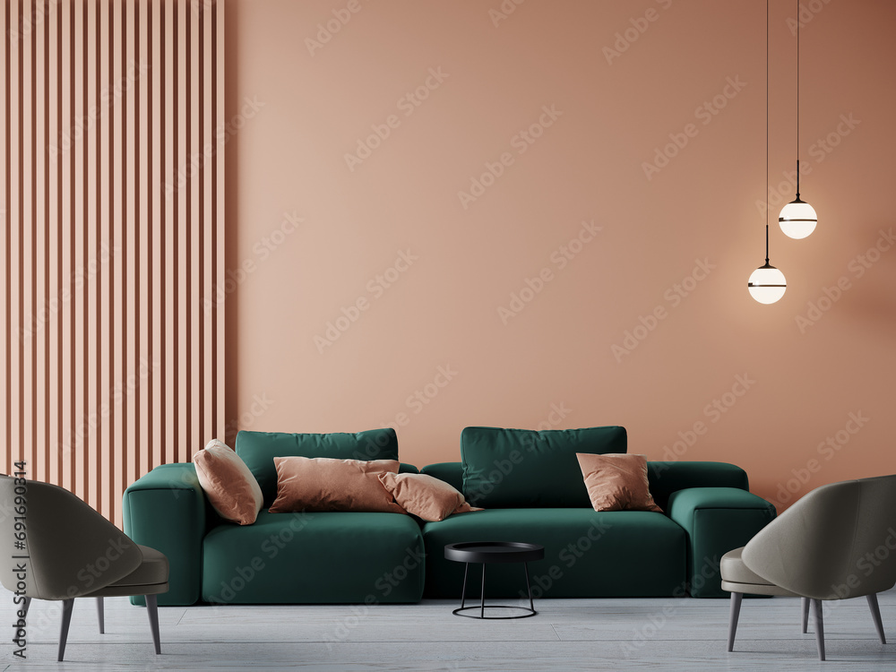 Livingroom in trend peach fuzz interior color 2024 year. A pastel wall ...