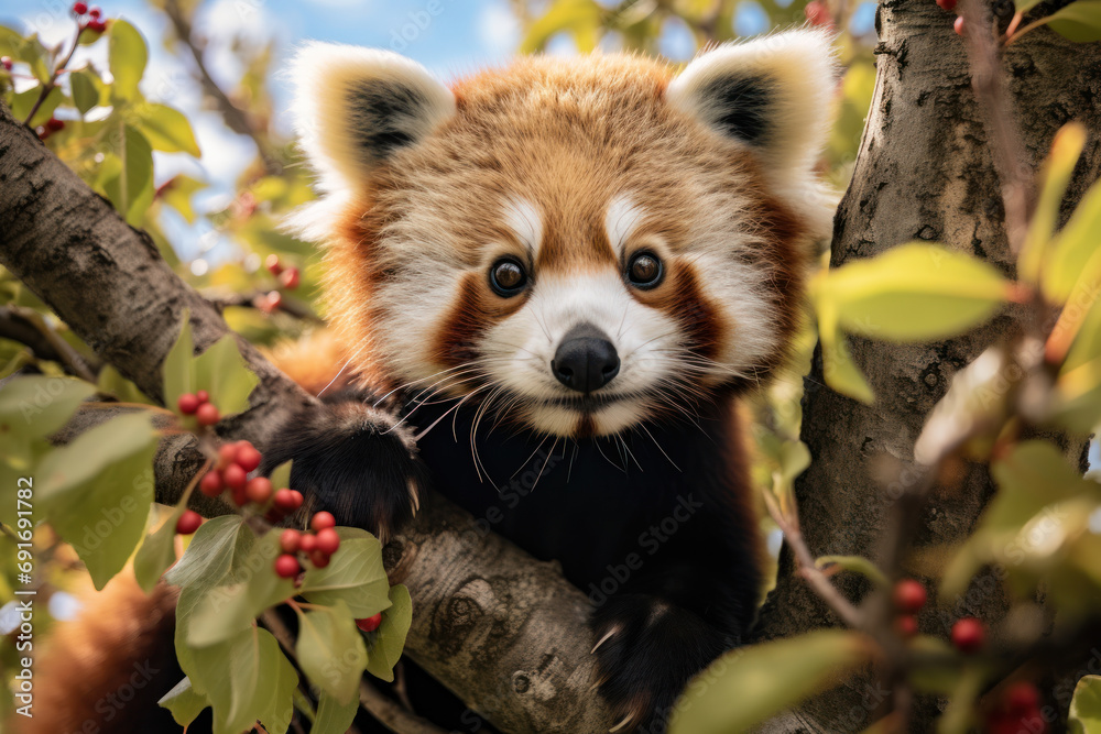 A charismatic red panda nestled in a tree, representing the charm and ...