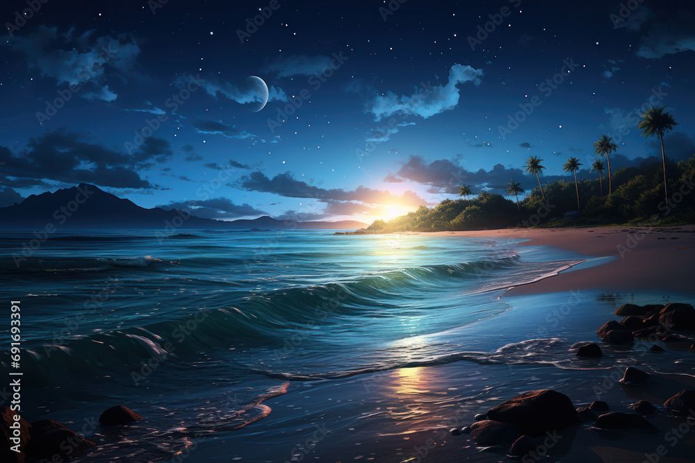 Twilight waves, bathed in the soft glow of stars and a waning moon ...