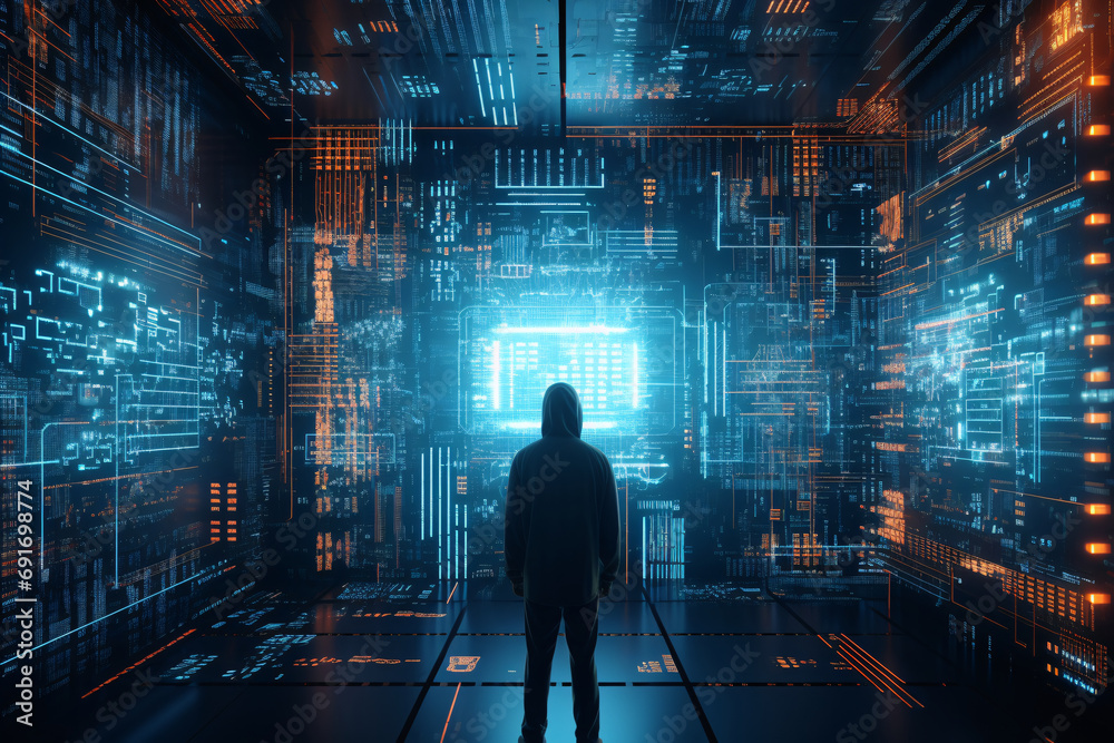 Silhouette of an anonymous figure in a room made of data, depicting the ...