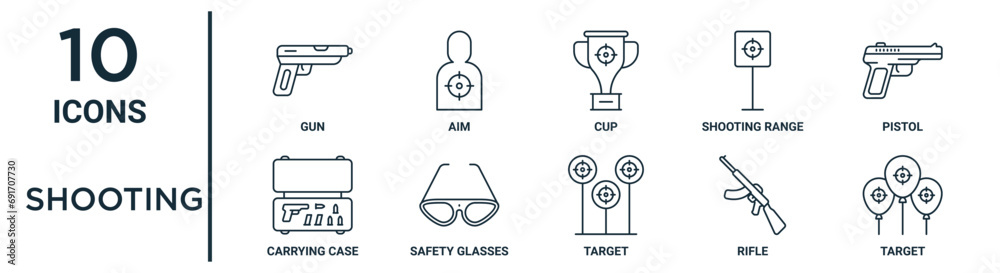 Vetor de shooting linear icon set. includes thin line aim, cup, pistol ...