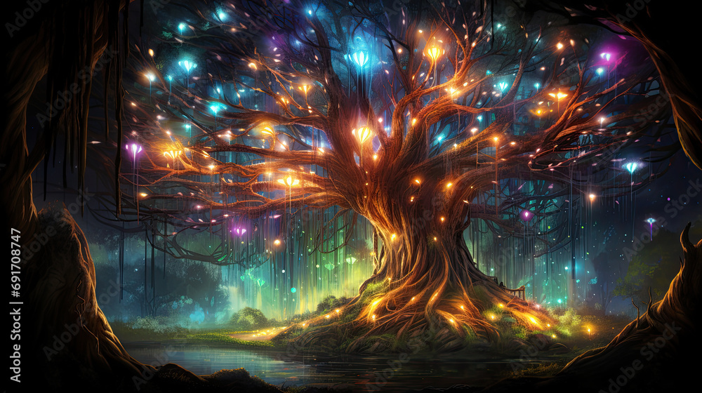 Magic glowing tree in dark forest Stock Photo | Adobe Stock