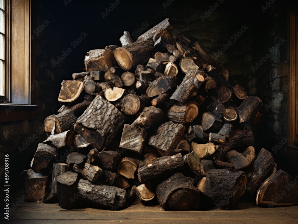 An inviting scene featuring neatly stacked chopped firewood, ready for ...