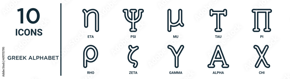greek alphabet linear icon set. includes thin line psi, mu, pi, zeta ...