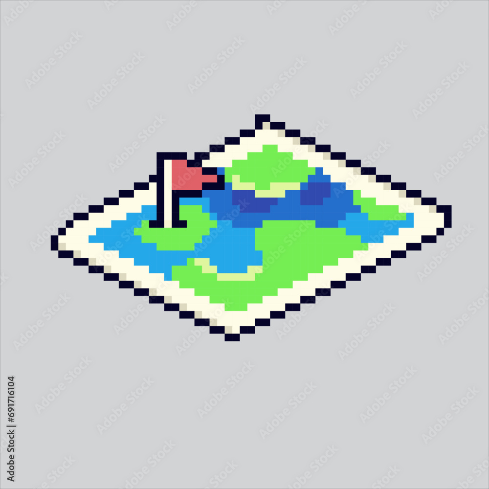 Pixel art illustration Map. Pixelated Map. Treasure Map scroll ...