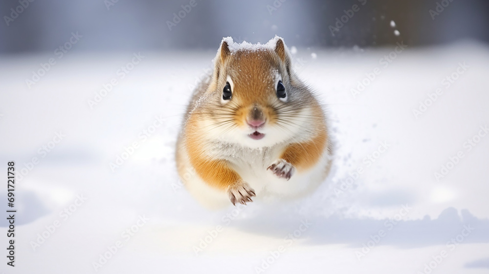 cute hamster running through fluffy winter snow, cold season, rodent in ...