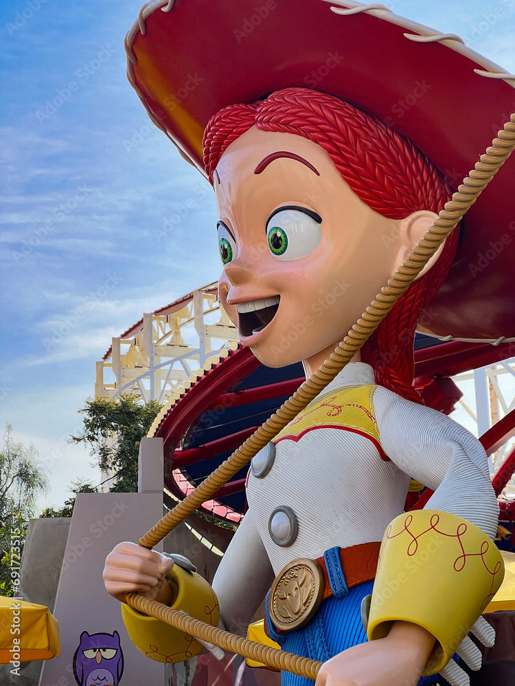 Disney character Jessie in Toy Story Land and Pixar Pier in Disneyland ...