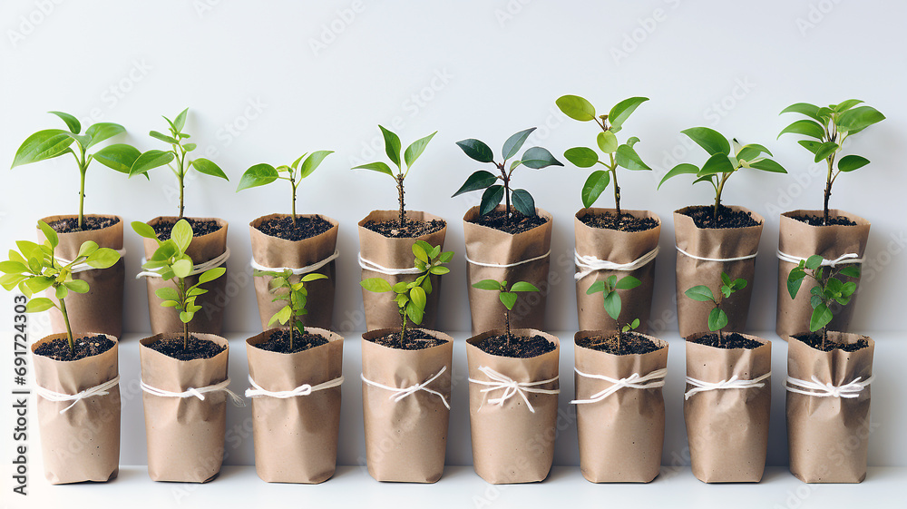small seedlings growing in soil pots wrapped in kraft paper and twine ...