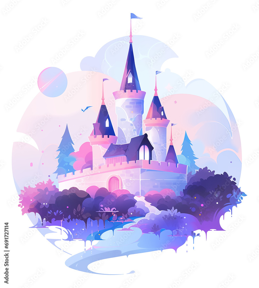 Princess purple castle cartoon style illustration isolated. Stock ...