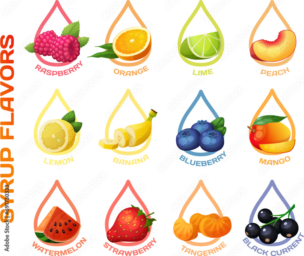 Syrup drops with various flavors vector icons collection. Flavors chart ...