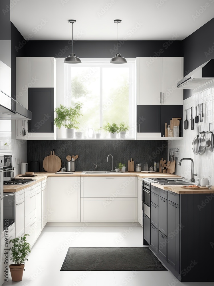 design huge ikea style kitchen front view realistic generative ai Stock ...