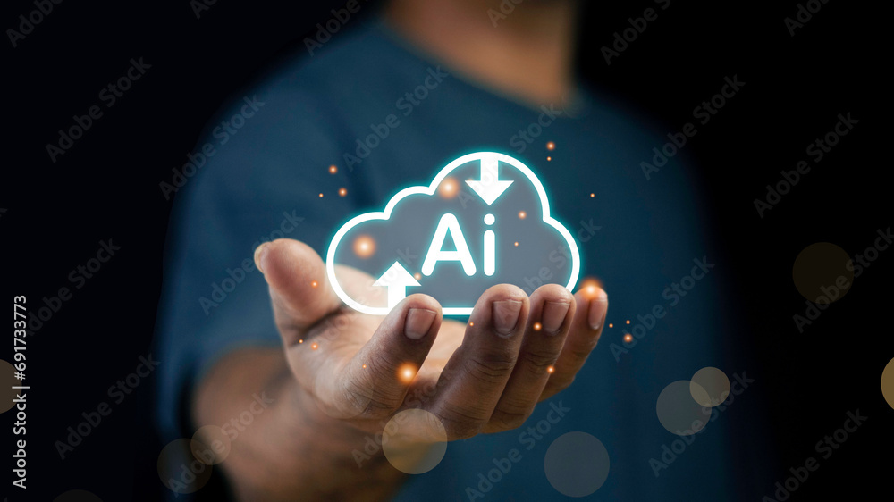 Ai Cloud technology concept. Data center concept. Modern cloud technologies. Neon colors, cyber ...