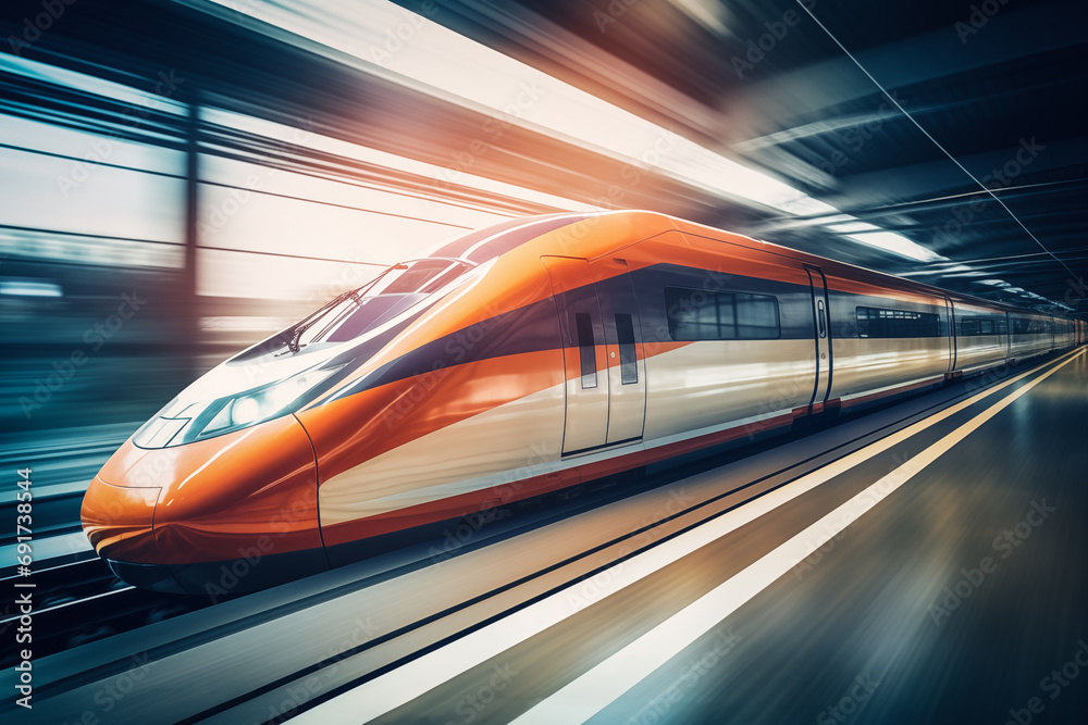 Modern high speed train in a futuristic train station. Modern ...