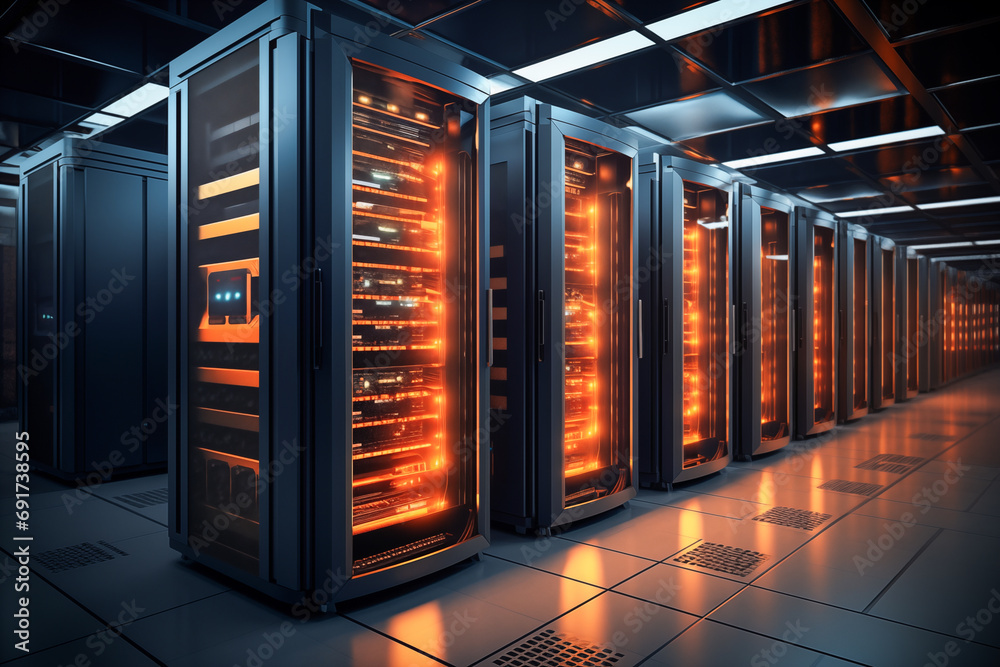 A modern data center with rows of server racks - high technology ...