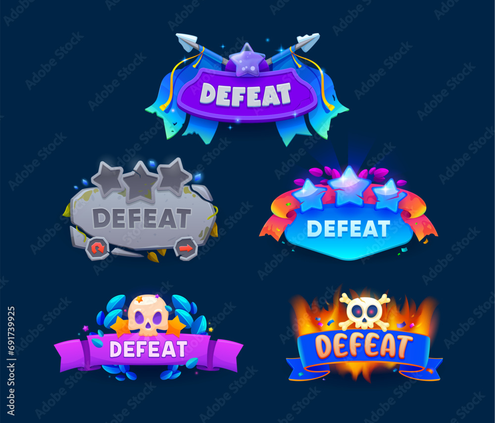 Defeat game badges and shields for game UI and battle level lose ...