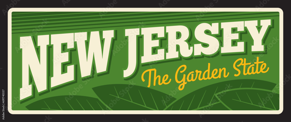 Retro banner New Jersey garden state, retro travel plate. Vector ...