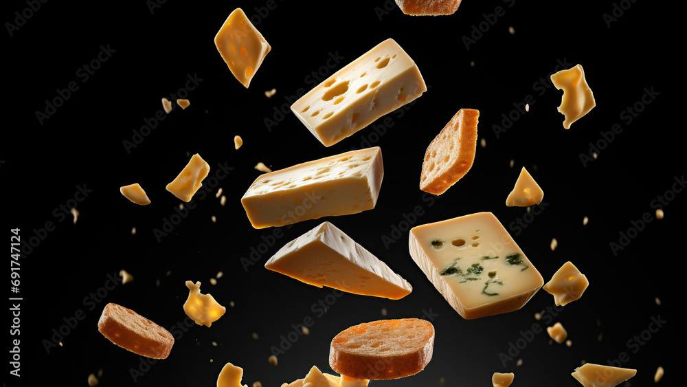 Cheese composition. Different types of cheese, pieces, levitation ...