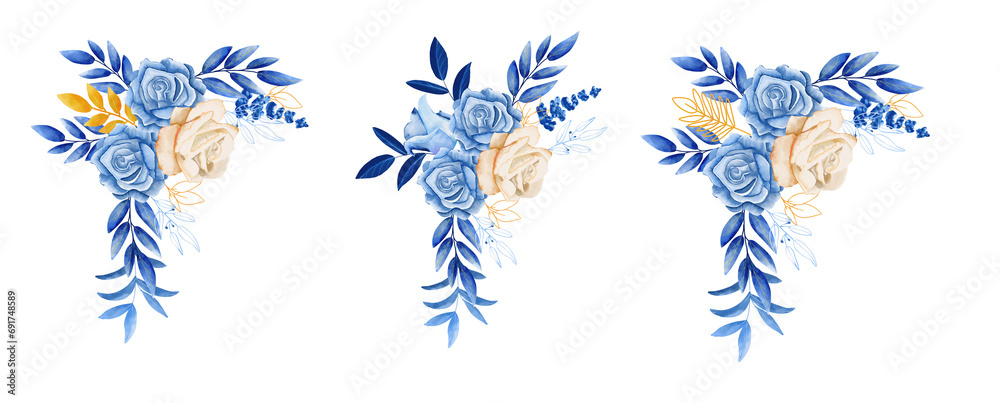 Watercolor blue roses floral bouquet, frame of blue rose, winter blue ...