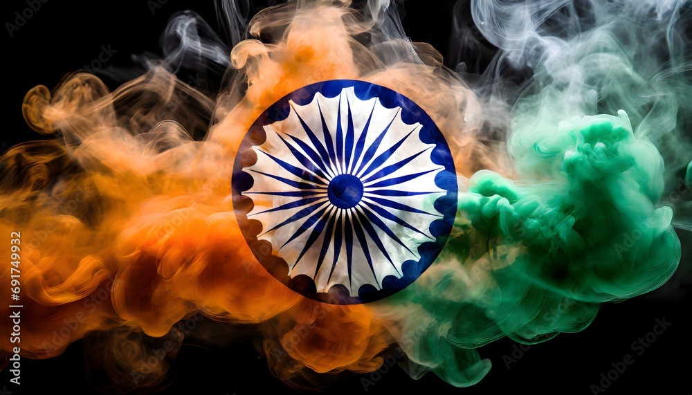 Color smoke and an ashoka chakra. Stock Photo | Adobe Stock