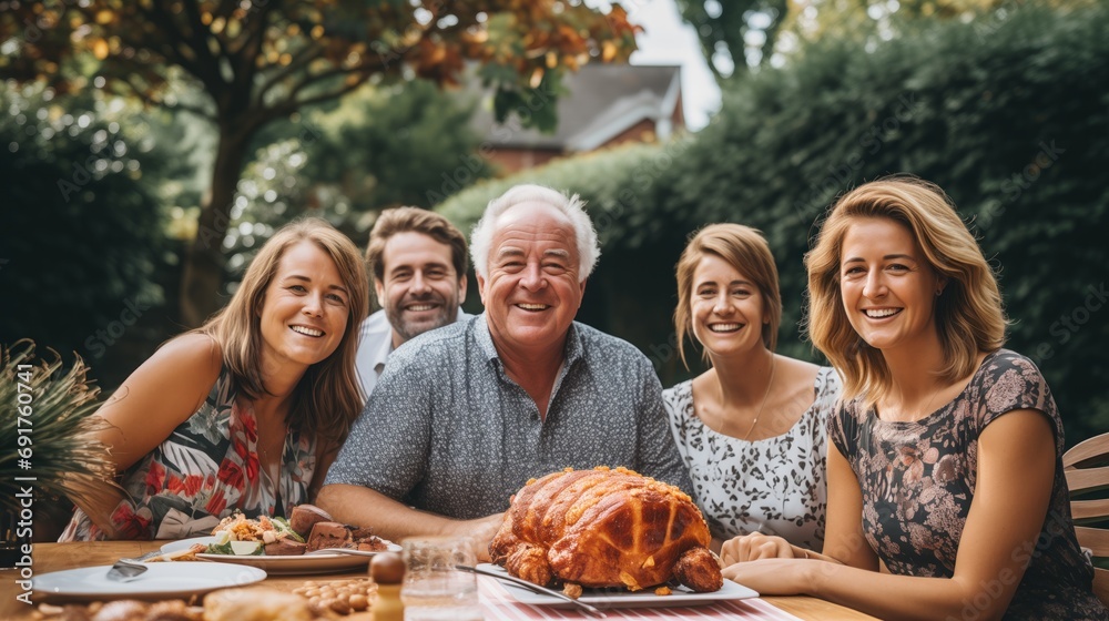 multi-generational Caucasian family enjoys a hearty laugh outdoors ...