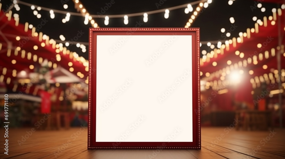 3D Mockup poster empty Blank Frame, hanging on a carnival lights wall ...