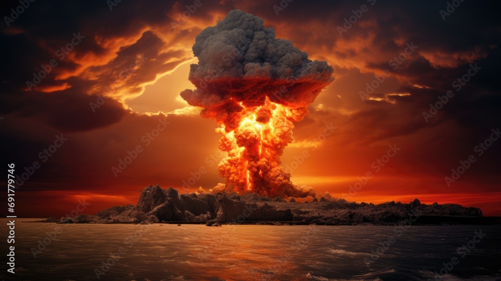 Nuclear explosion on an island in the ocean. Fire mushroom cloud ...