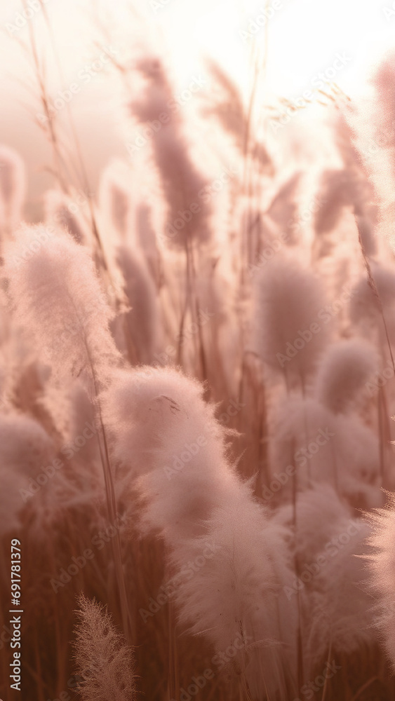 Peach Fuzz dry reeds fluffy grass on a meadow in the sun. Abstract dry ...
