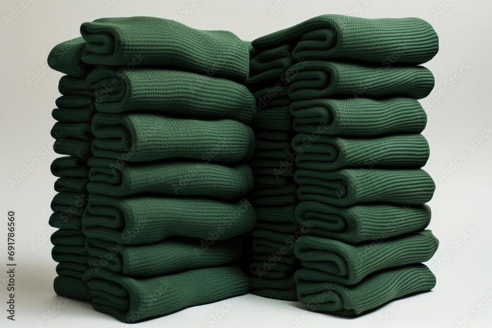 Neatly folded stack of socks dark green color on white background ...
