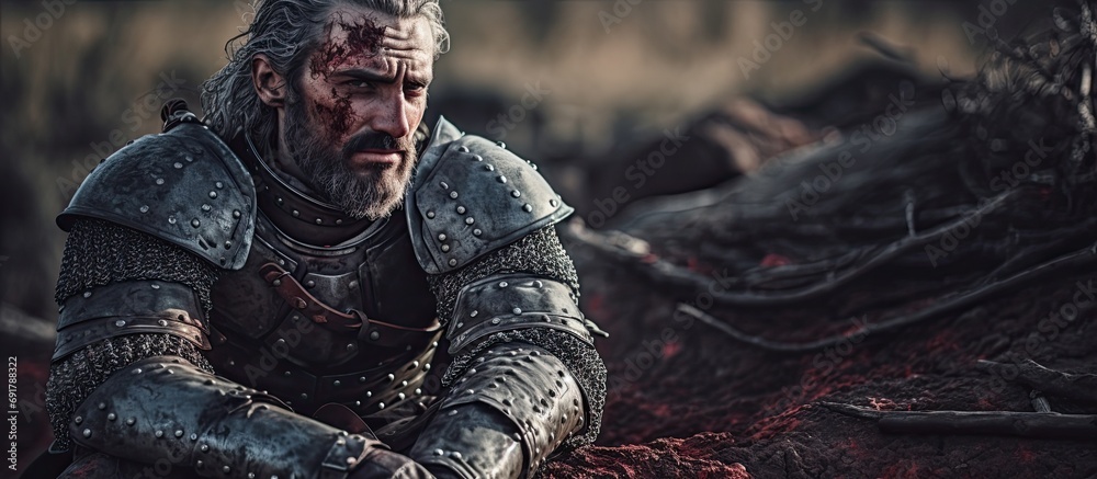 Medieval knight on battlefield, last survivor after destruction of war ...