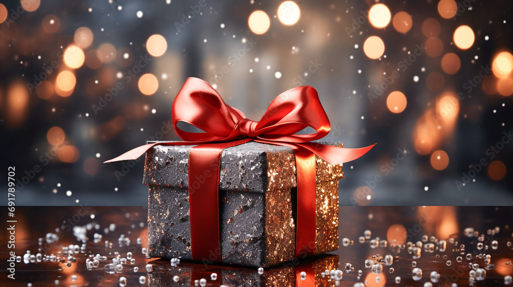 Banner Sparkling gift box with red ribbon on glittery bokeh backdrop ...