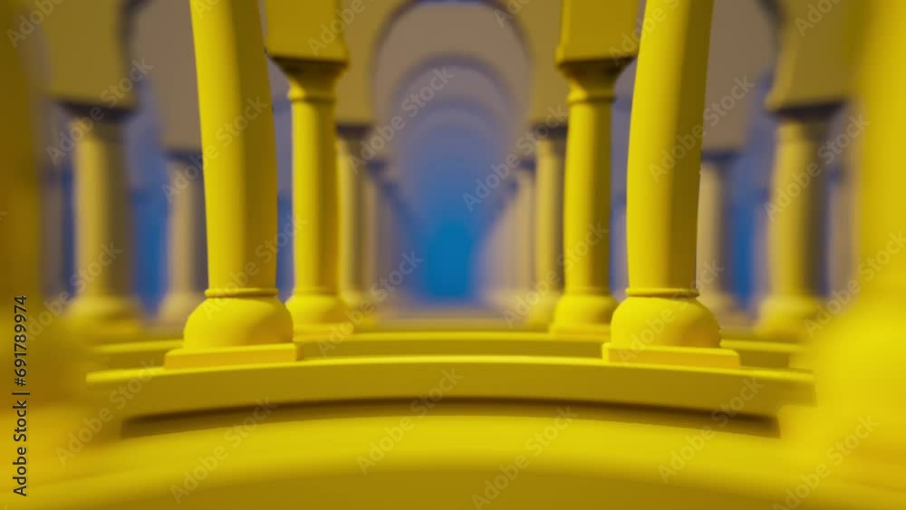 yellow ancient greek columns in a row behind each other with blue mist ...