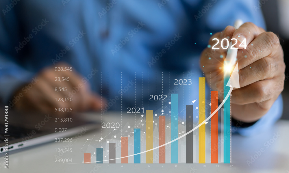 Human with 2024 new year target sale profit and arrow business ...