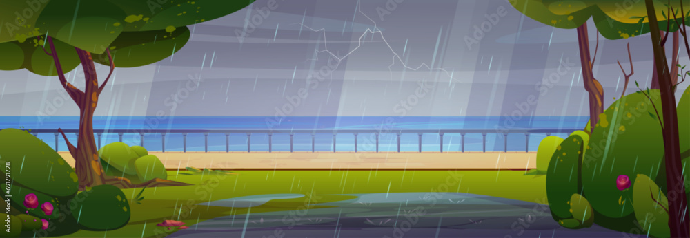 Cartoon storm and rain landscape with sea or river skyline and city ...