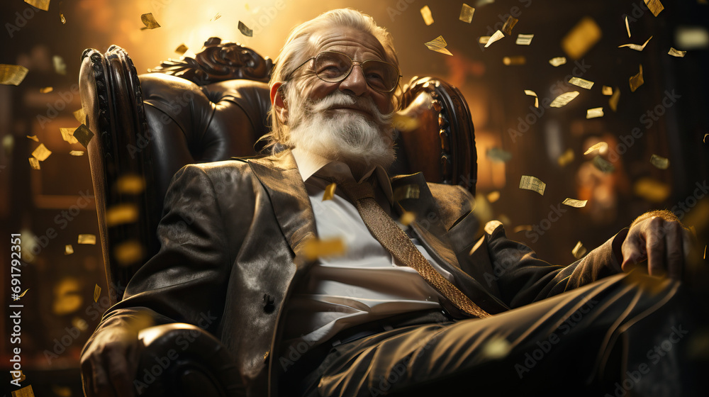 Wealthy Old Man Sitting on Golden Chair with Money Flying Around Him ...