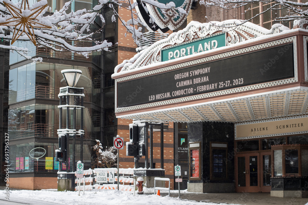 Portland, OR, USA - Feb 23, 2023: Front view of the Arlene Schnitzer ...