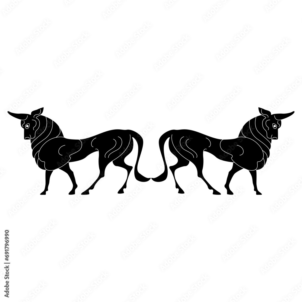 Symmetrical animal design with two stylized bulls. Ancient Greek vase ...