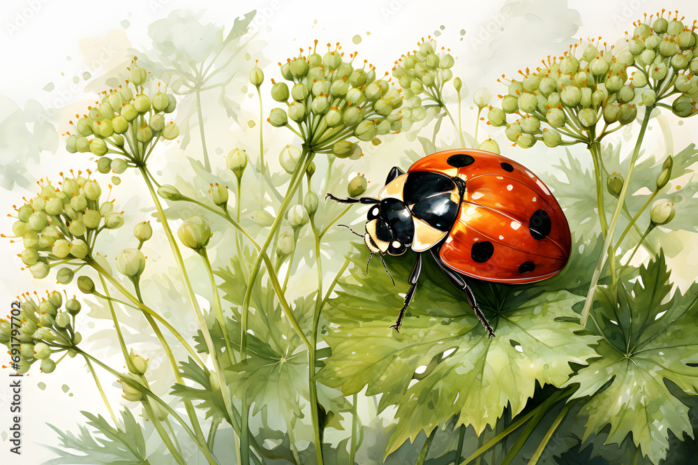Picture watercolor of ladybug drawing red with green leaves on white ...