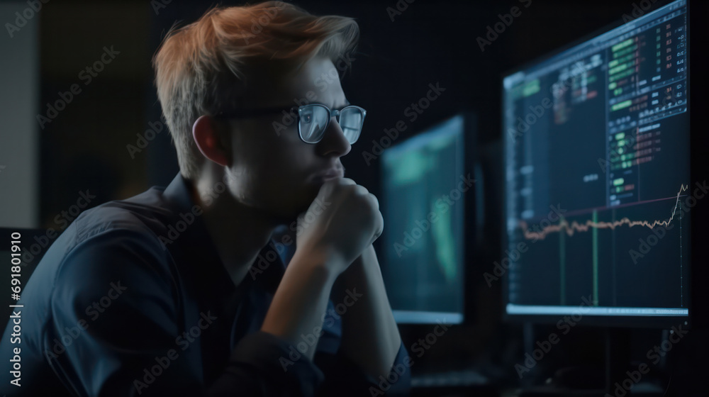 Pensive Sad Trader thinking at workplace. Computer screen with charts ...