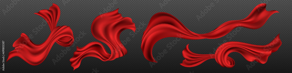 Sheet of red silk ribbon flying and curving in air. Realistic vector ...