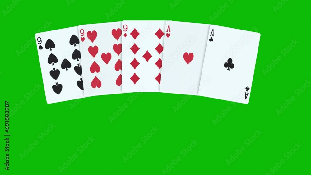 A poker hand consisting of Full House 9, with cards thrown one by one ...