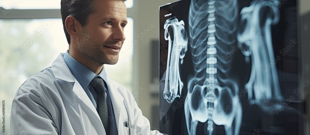Kind male doctor displaying X-ray image to patient. Stock Photo | Adobe ...
