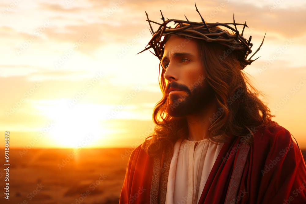 Jesus wearing a crown of thorns against a sunset background Stock Photo ...