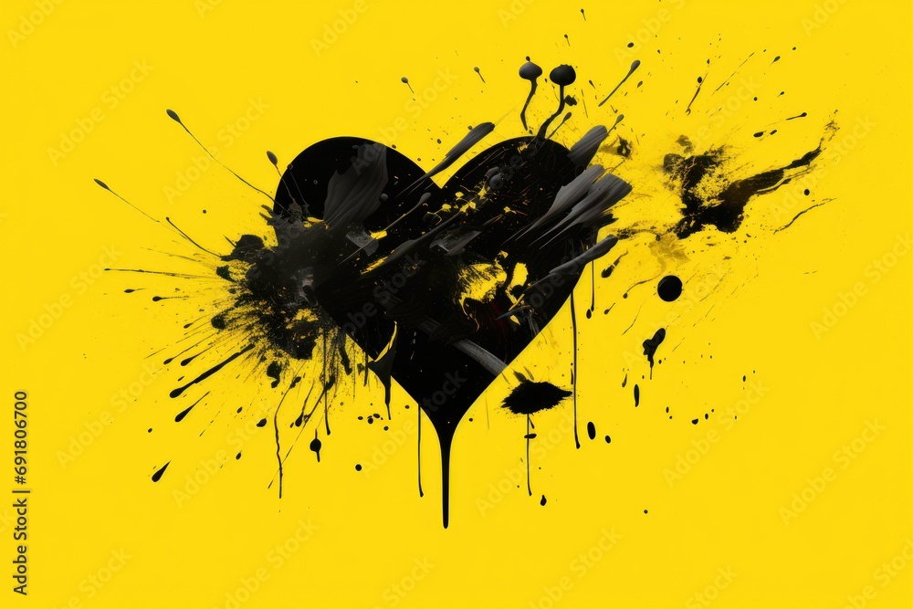 a yellow background with black paint splatters and a broken heart on ...