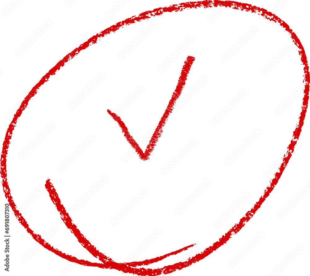 Hand drawn red circle type checked check mark, tick box doodle icon ...