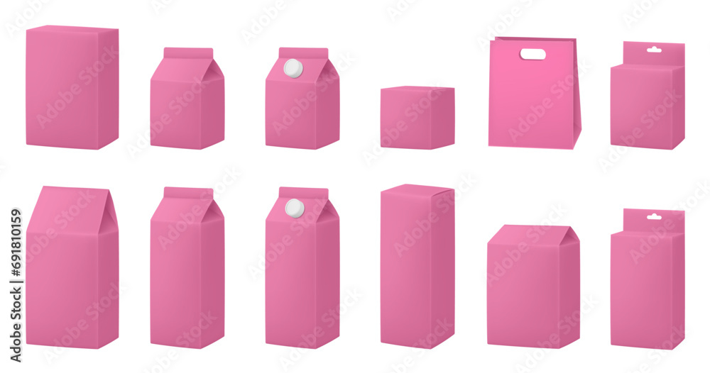 Pink boxes for dairy products. Blank cardboard package boxes mockup ...