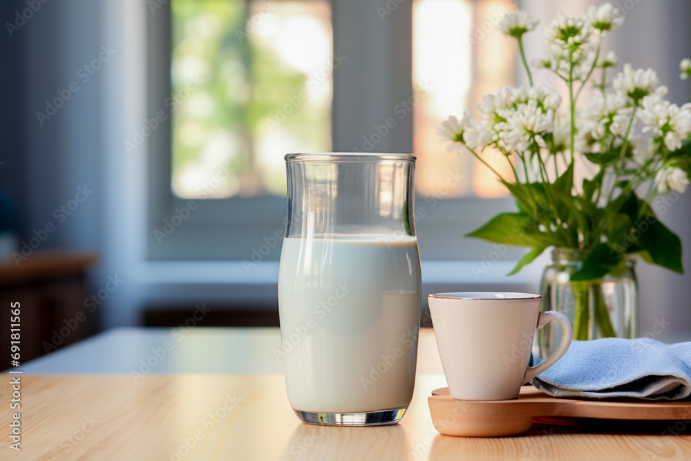 Milk in a glass container against the background of a modern kitchen ...