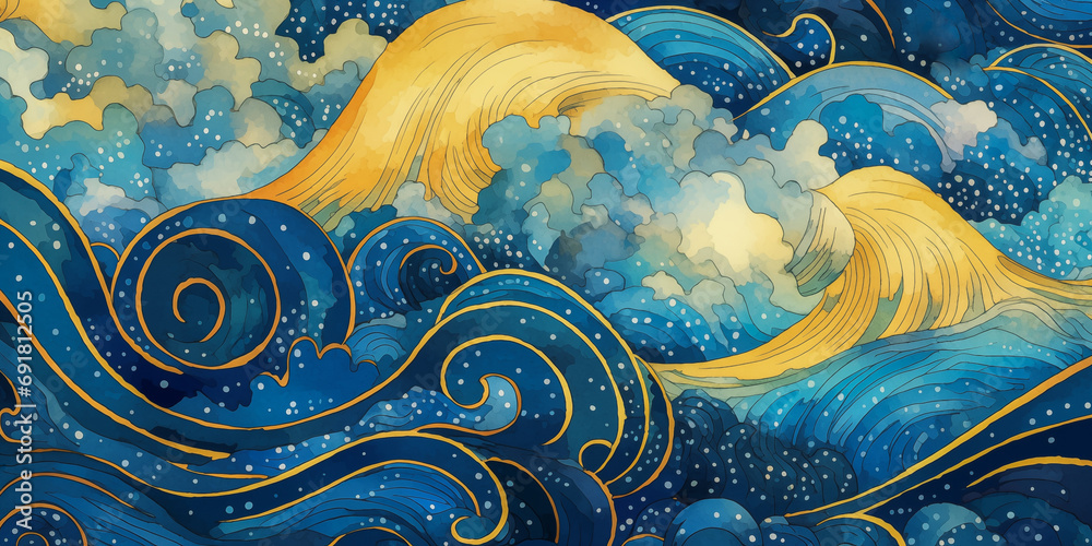 Magical fairytale ocean waves art painting. Unique blue and gold wavy ...